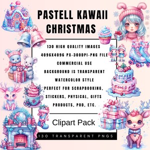 Pastel Kawaii Christmas Clipart Bundle, Watercolor Clipart, Twitch ...