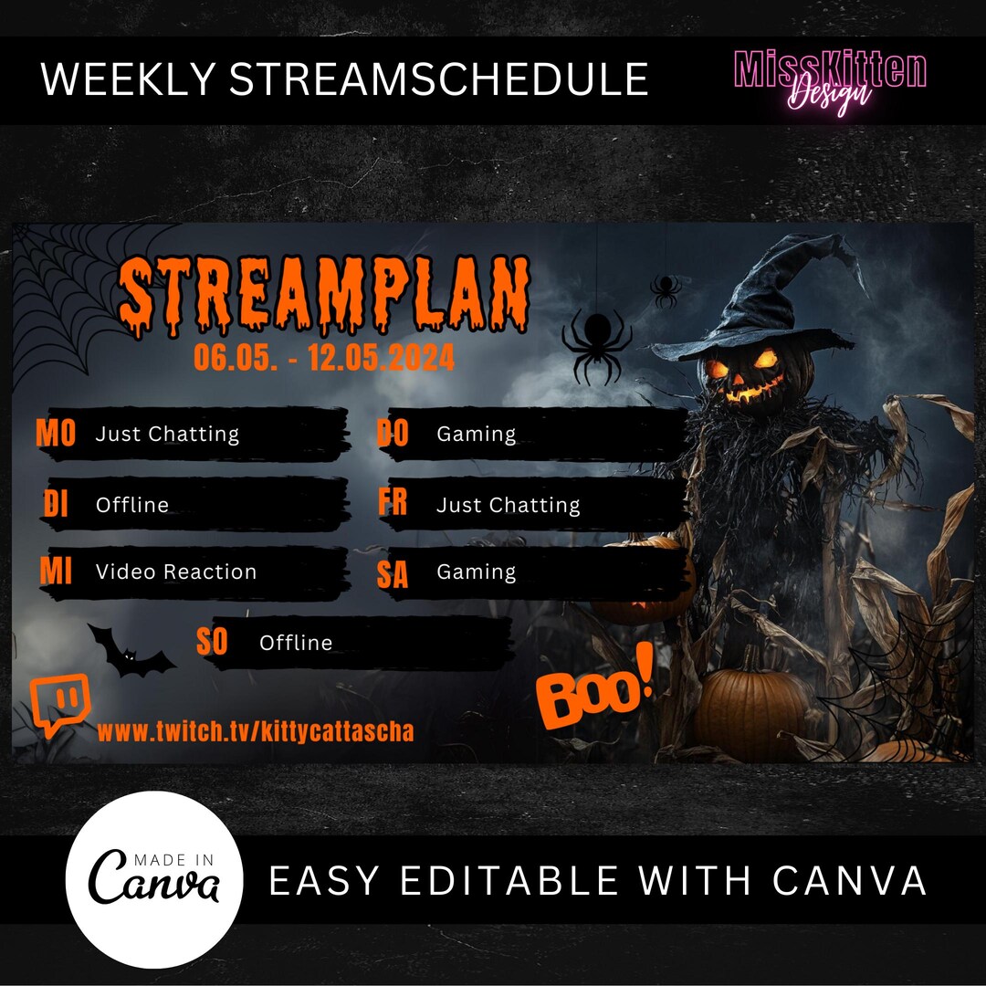 Twitch Stream Schedule Template Halloween | Weekly Streaming Planner ...