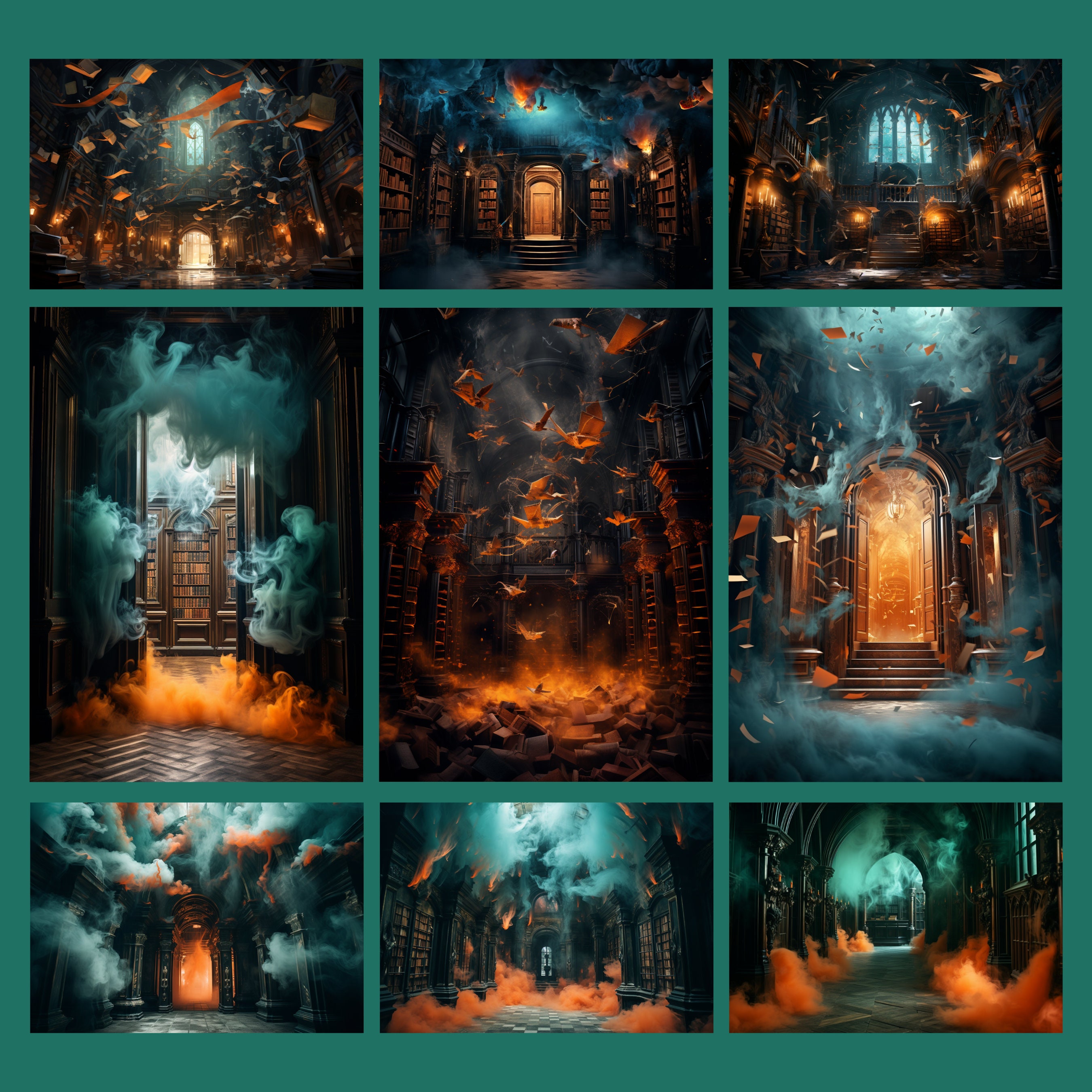 Smoky Library Orange and Teal Backdrop for Photo Editing, Books Library ...