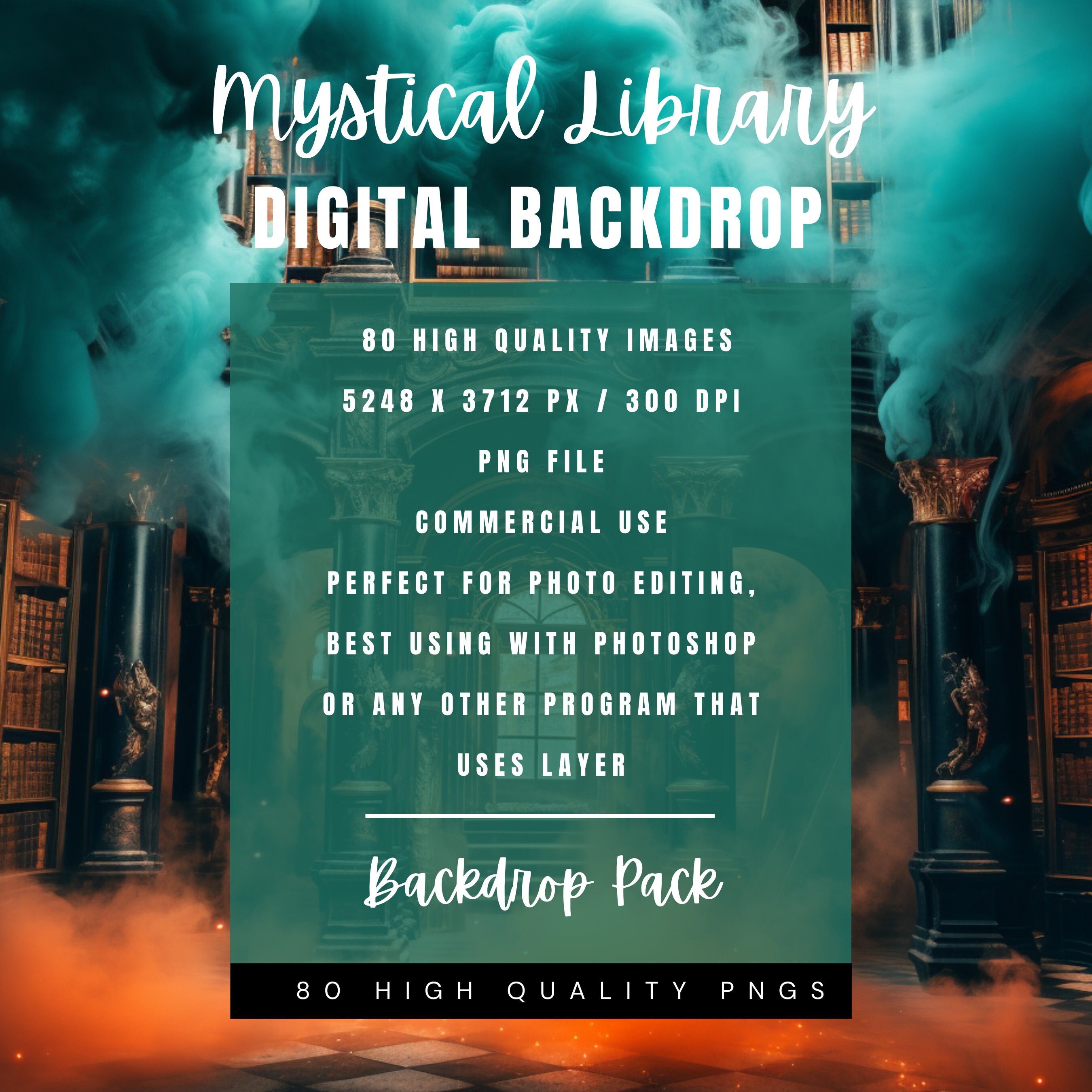 Smoky Library Orange and Teal Backdrop for Photo Editing, Books Library ...