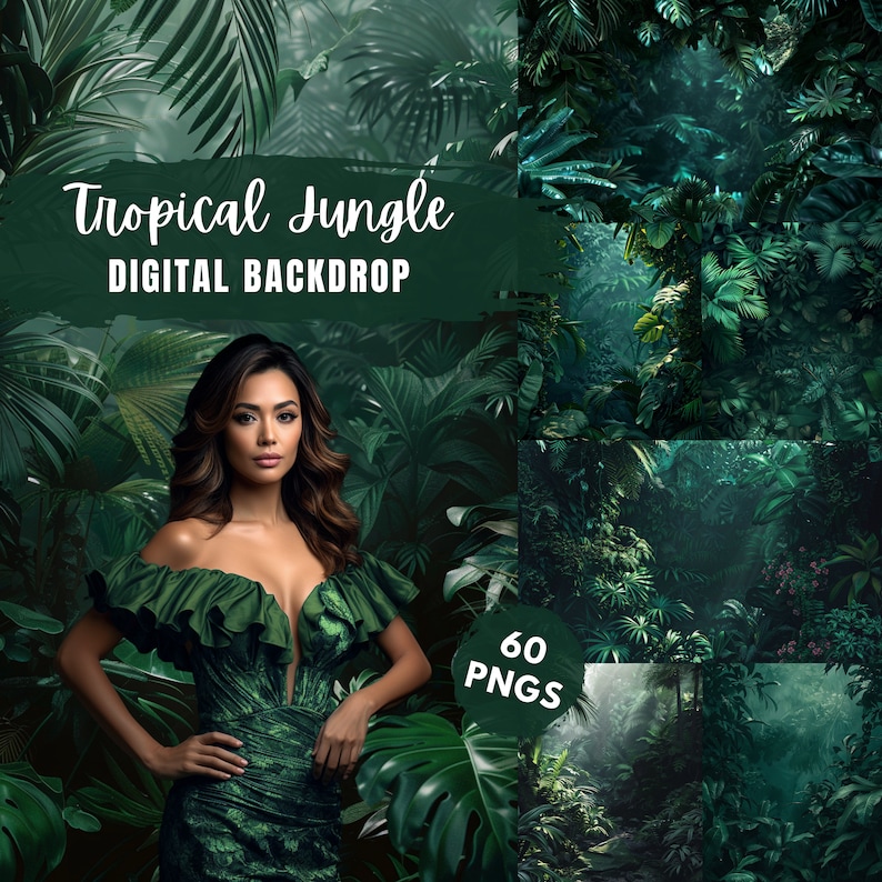 Tropical Jungle Safari Digital Backdrop, Photo Editing Overlays (60 ...