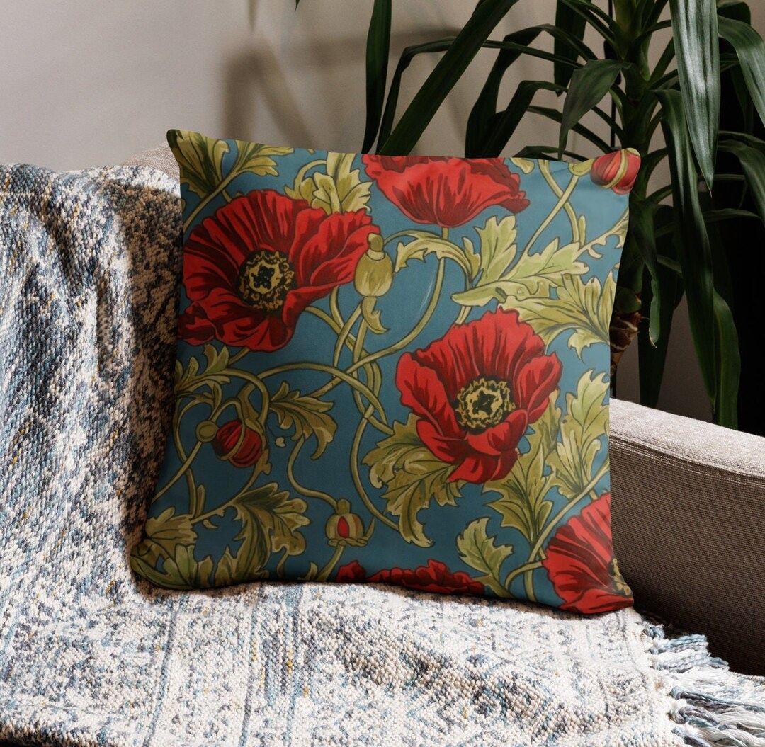 William Morris Inspired Poppy Field Pillow Case. Poppies Cushion Cover ...