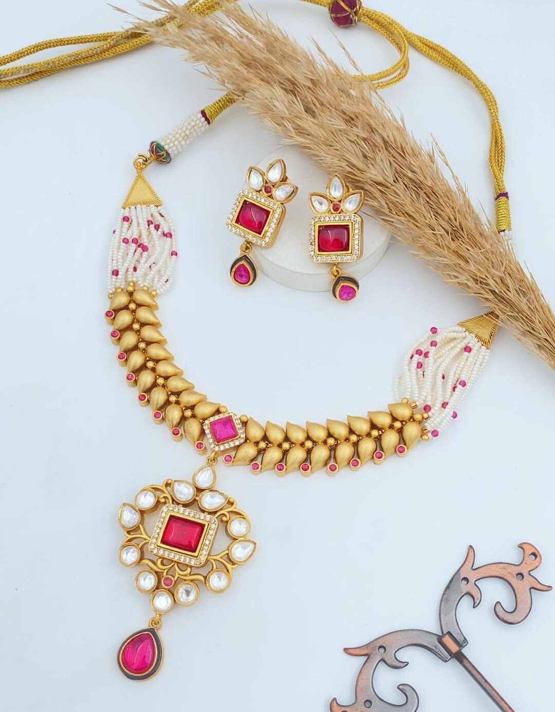 Gold Plated Antique Polki Pearls Necklace / Bride/indian Jewelry ...