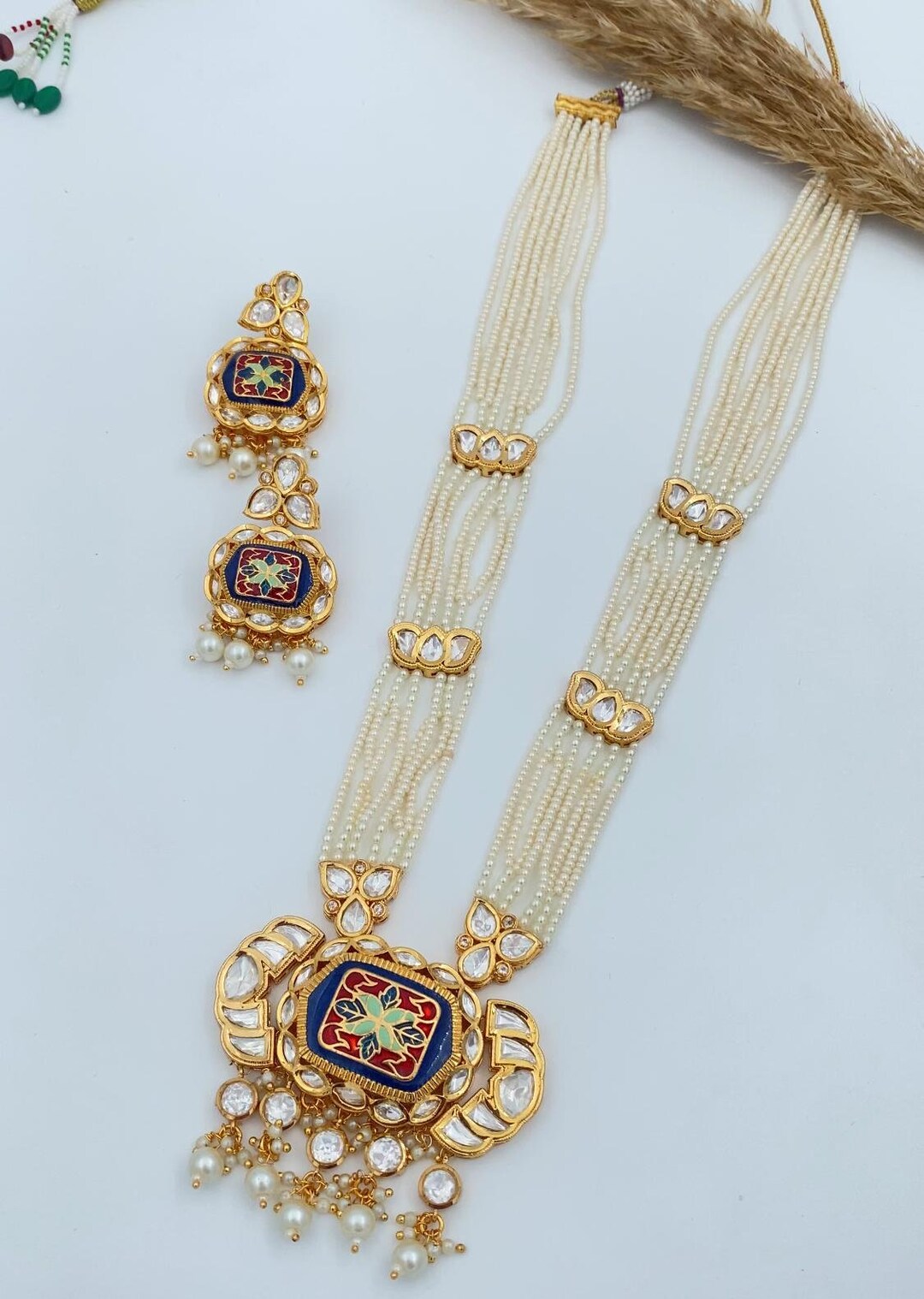 Fine Gold Plated Polki Meena Wedding Long Necklace | Indian Jewelry ...