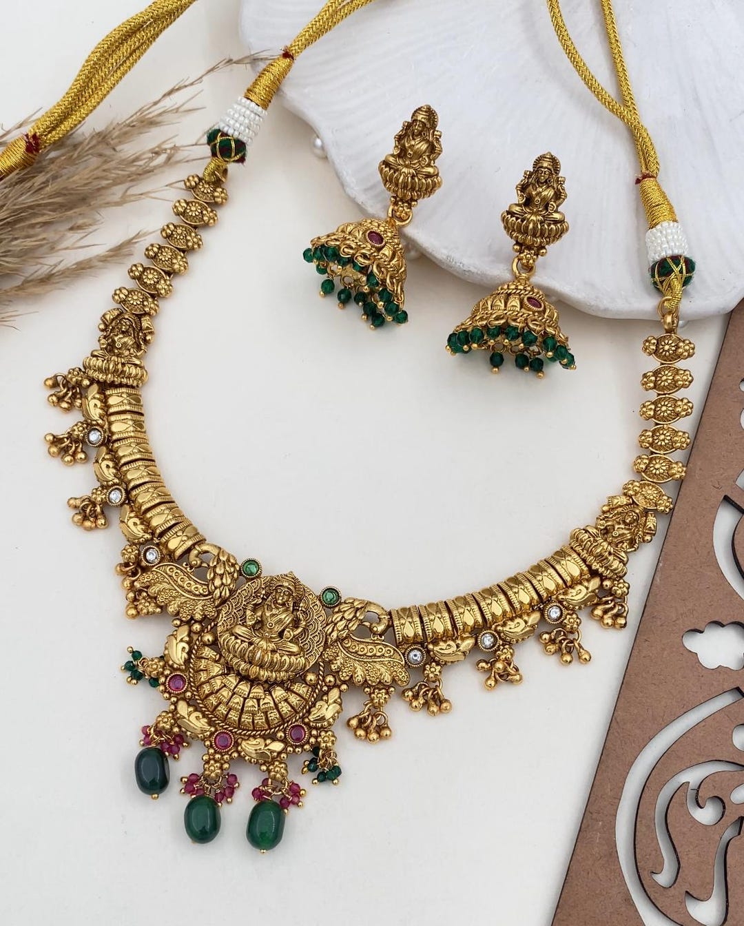 Antique Temple Lakshmi Haram-temple Jewelry-necklace Jhumki Set-wedding ...