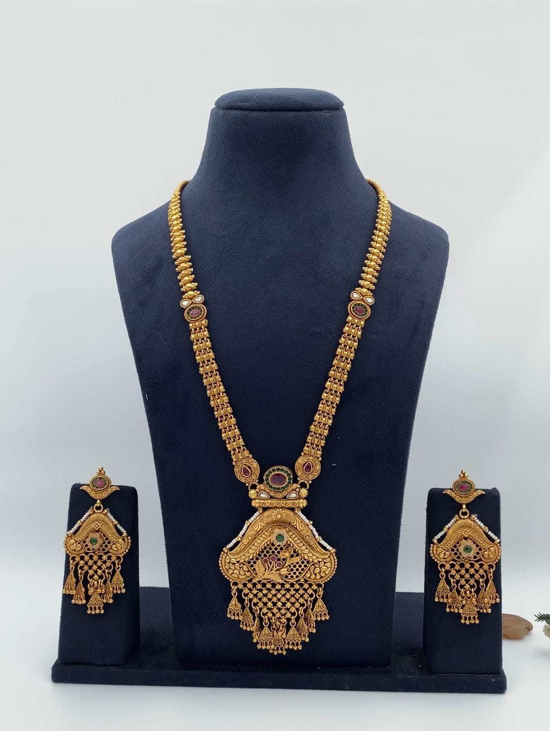 Antique Gold Plated Long Indian Necklace & Indian Jewelry Set With CZ ...