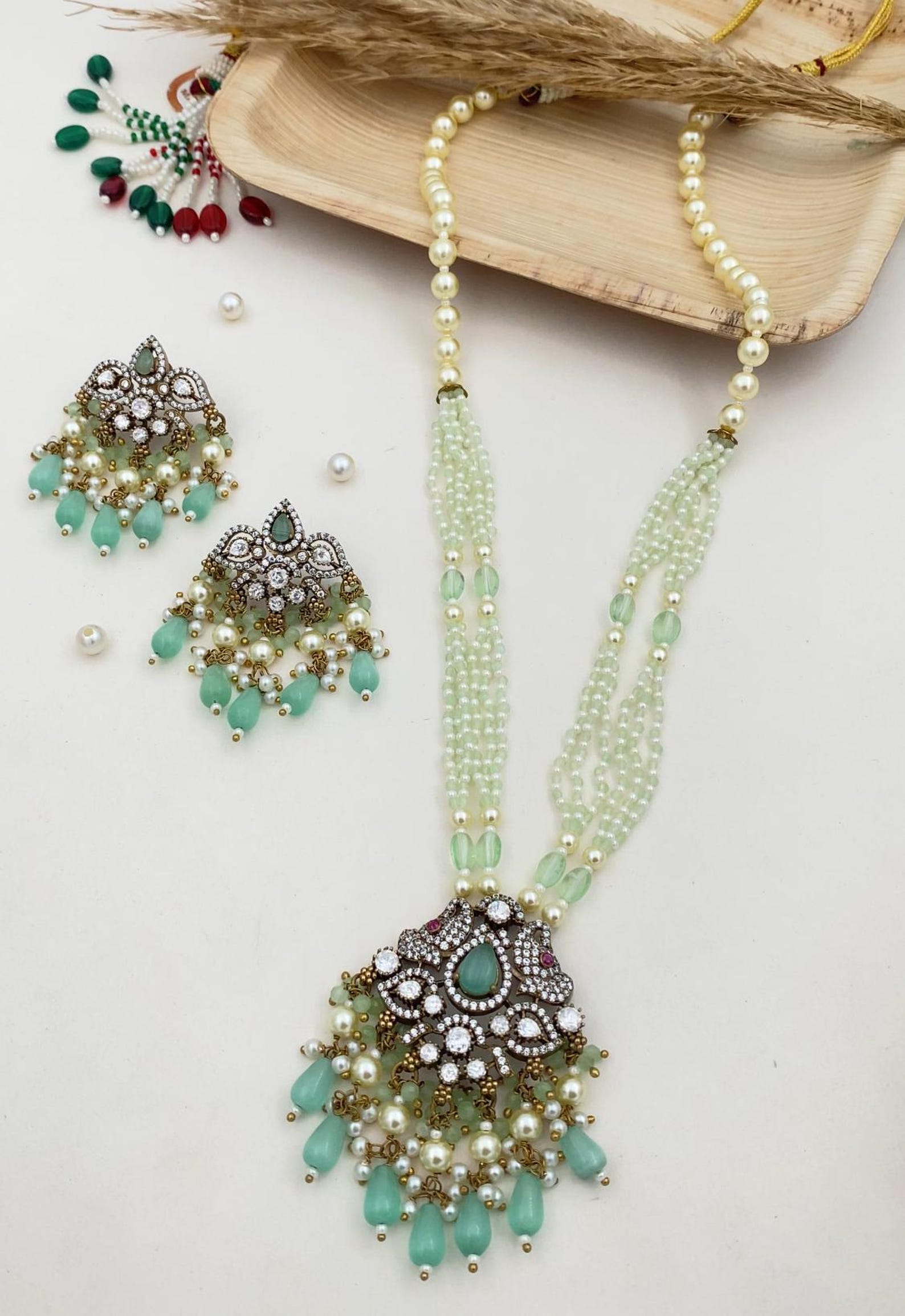 Victorian Royal CZ Beaded Mehendi Polish Necklace & Drop Earring Indian ...
