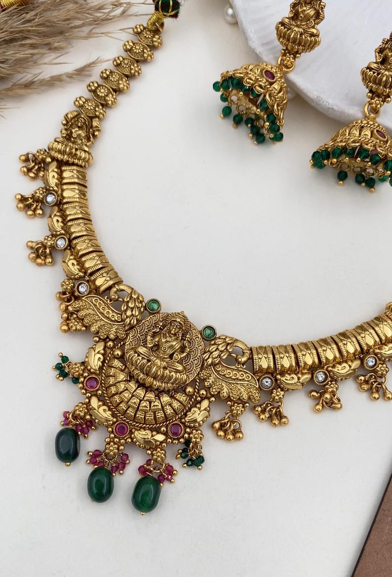 Antique Temple Lakshmi Haram-temple Jewelry-necklace Jhumki Set-wedding ...