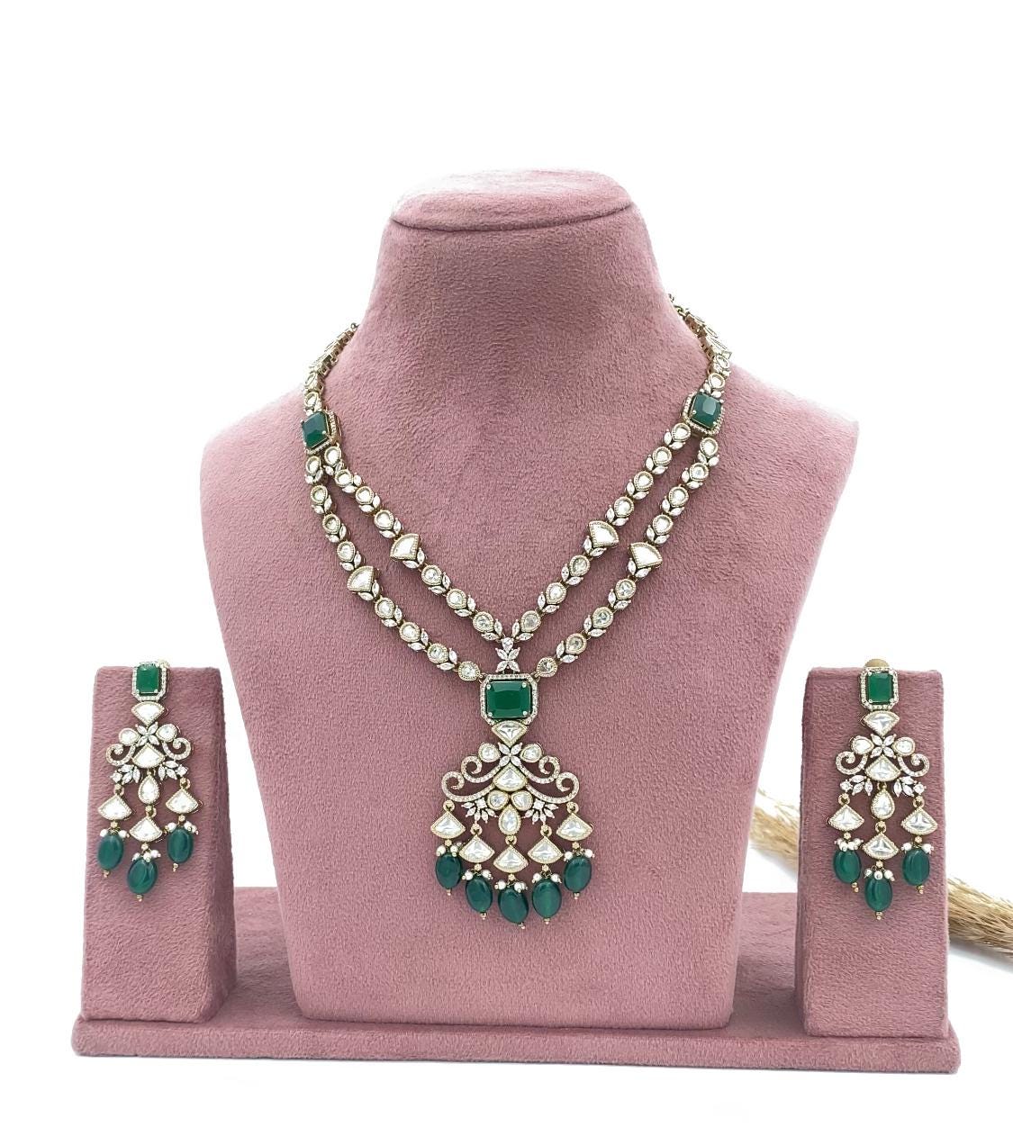 Moissanite Polki Victorian Double Layer Long Necklace Set / Emerald ...