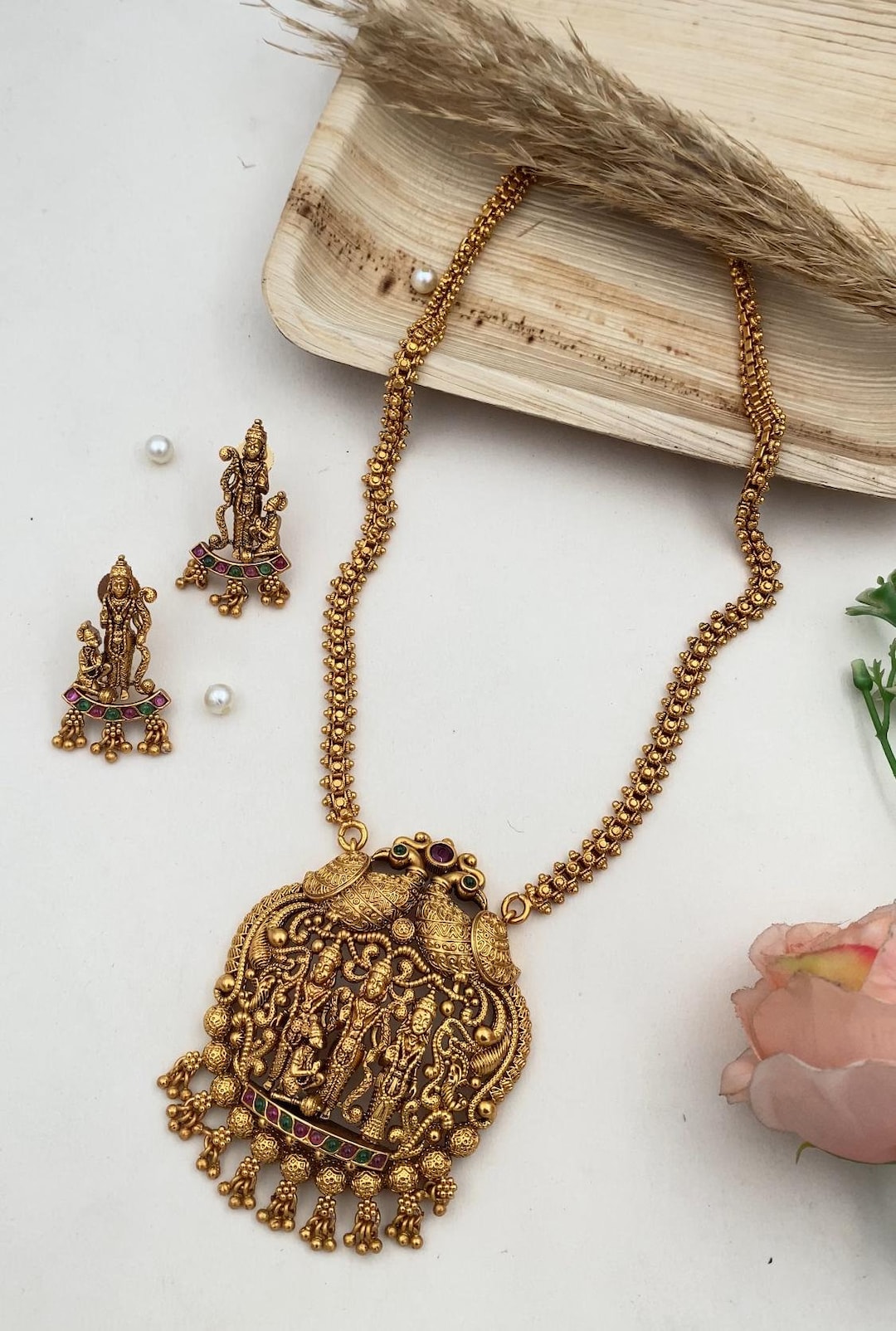 Shri Ram Parivar Antique Gold Plated Choker Necklace & Drop Earring ...