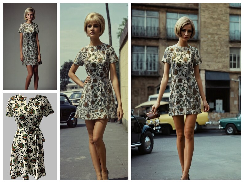 1960s Womens Mod Dress, Vintage Summer Floral Print Dress, Short Sleeve ...