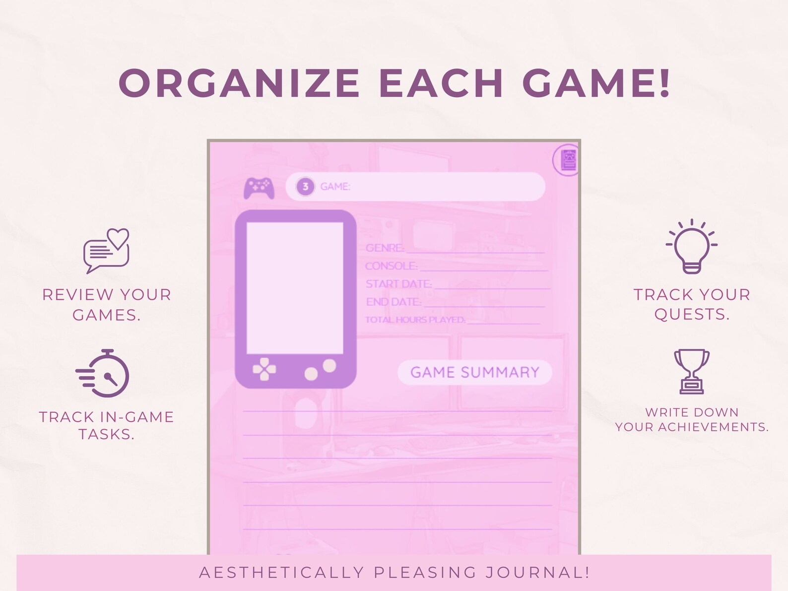 Purple Gaming Journal, Game Tracker, Gaming Organizer, Video Game ...