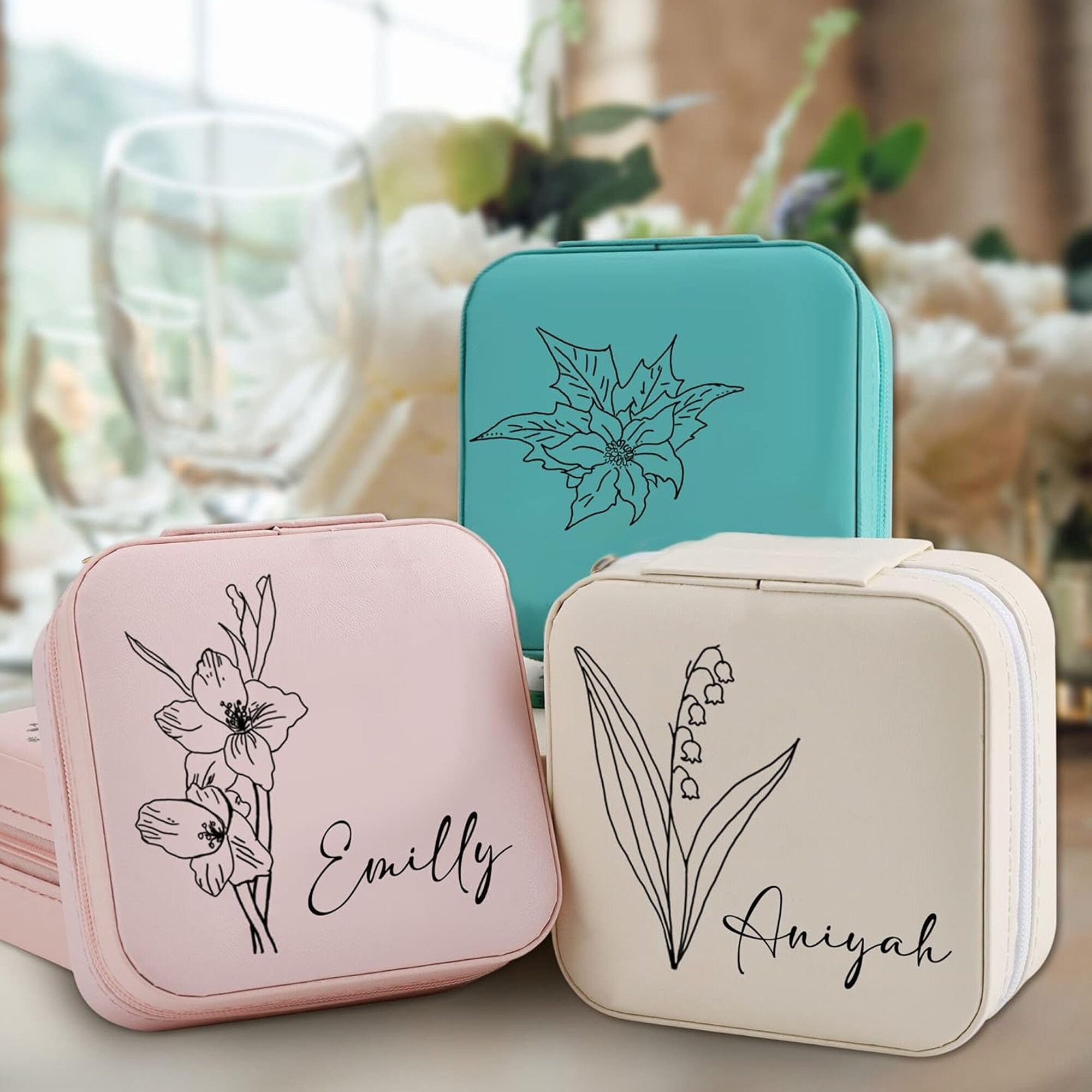 Personalized Birth Flower Jewelry Box Custom Leather Jewelry Organizer ...