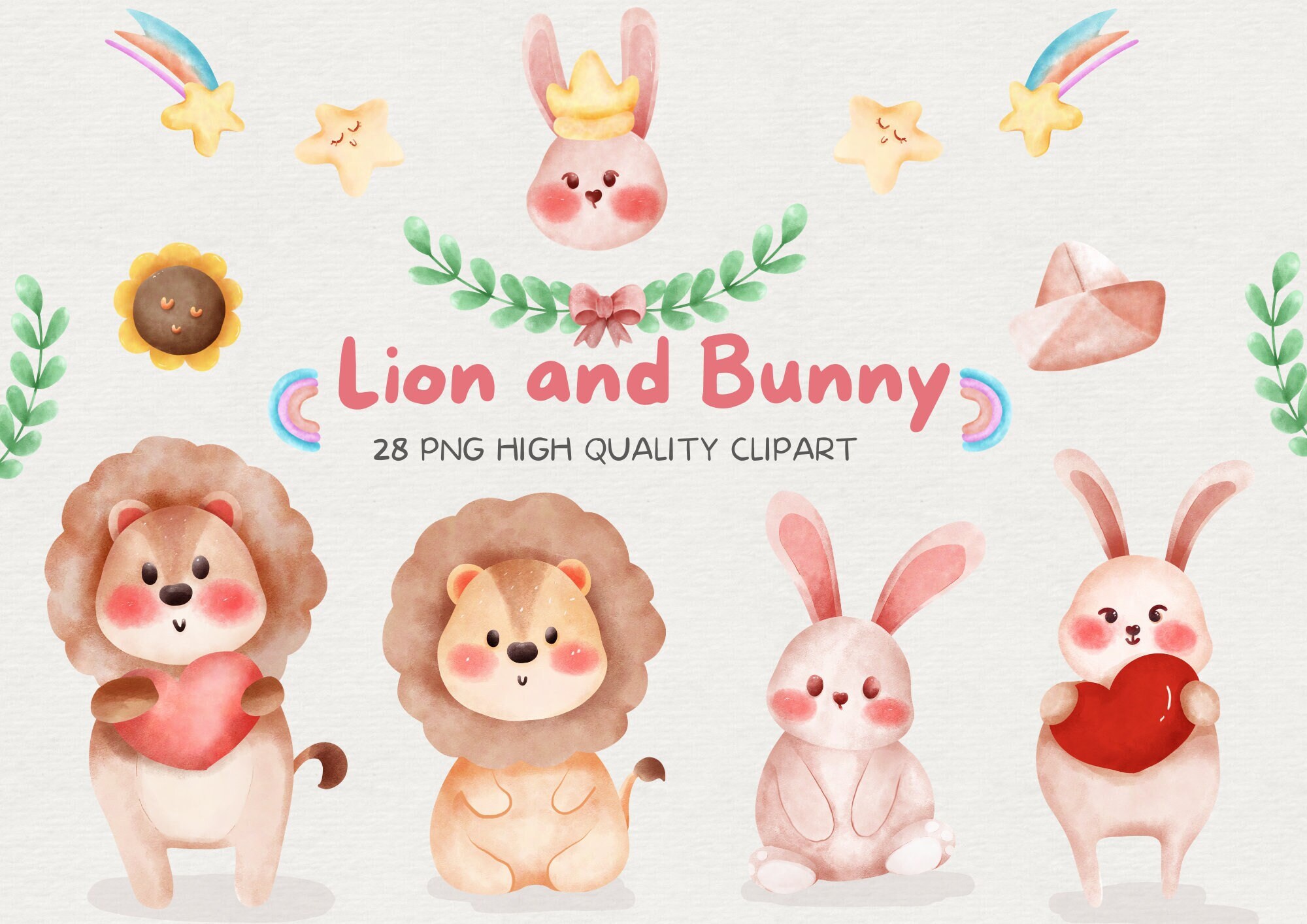 Watercolor Lion and Bunny Clipart. - Etsy