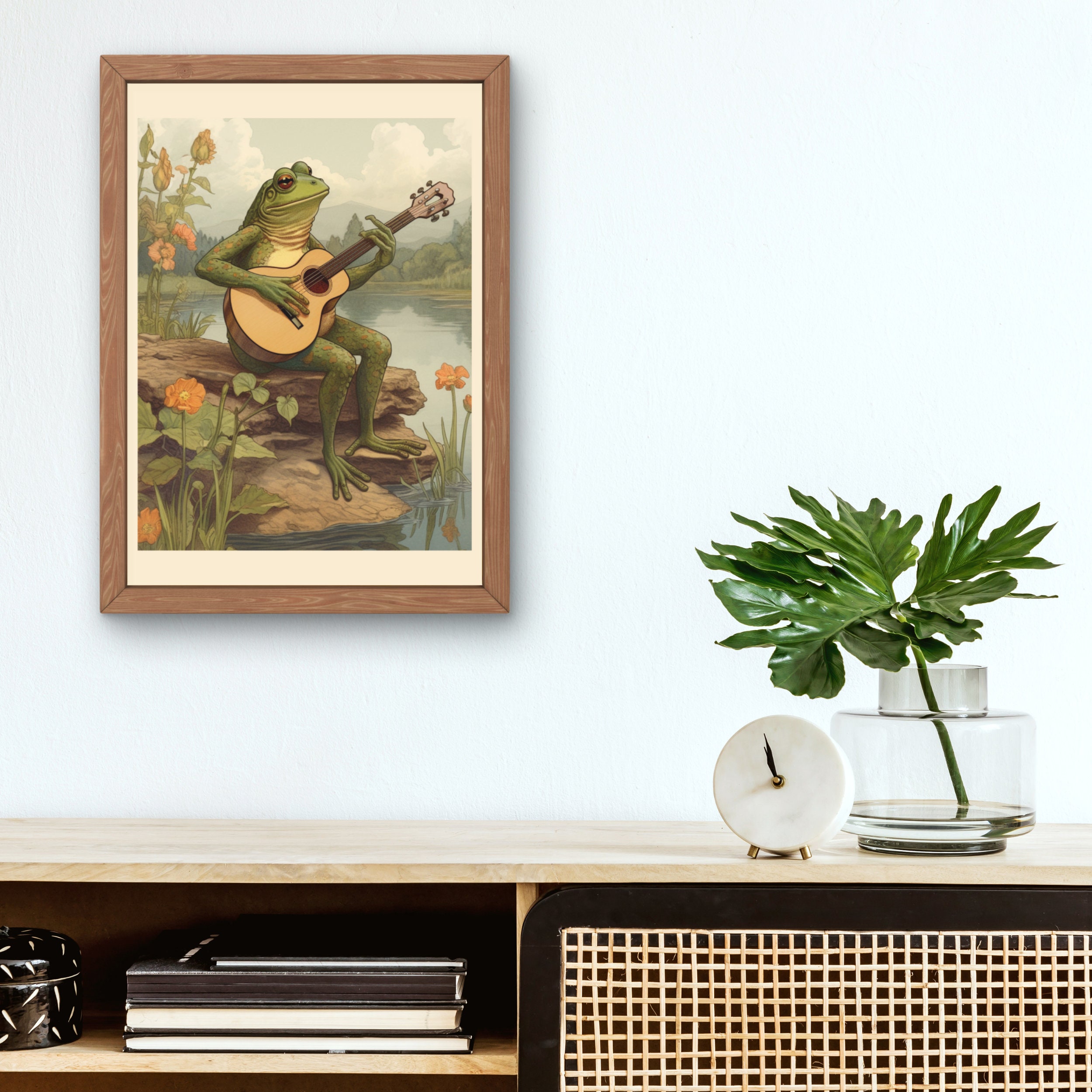 Vintage Whimsical Frog Poster Frog Playing Guitar Illustration Wall Art ...