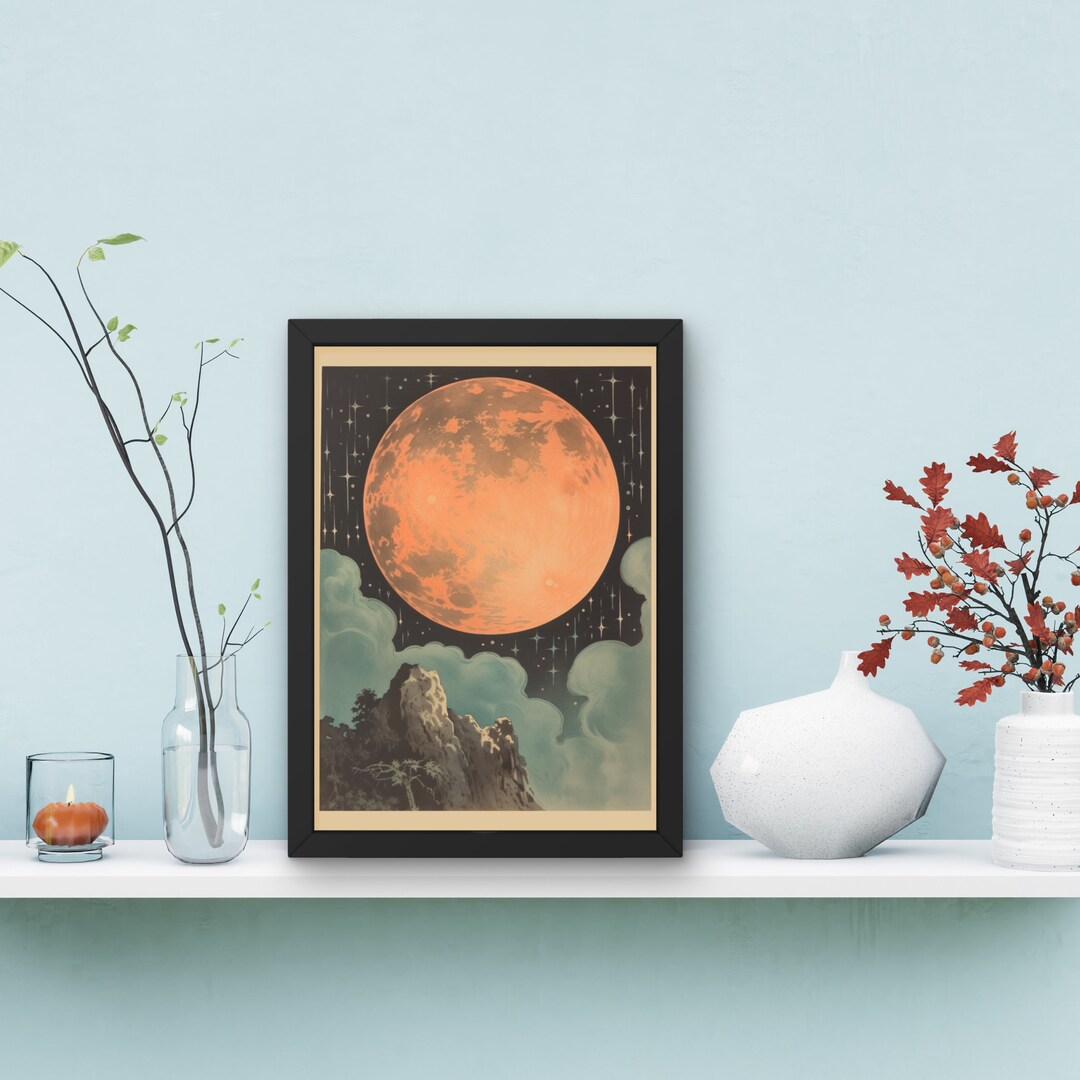 Retro Red Moon Poster | Celestial Full Moon Print | Vintage Lunar Sky ...