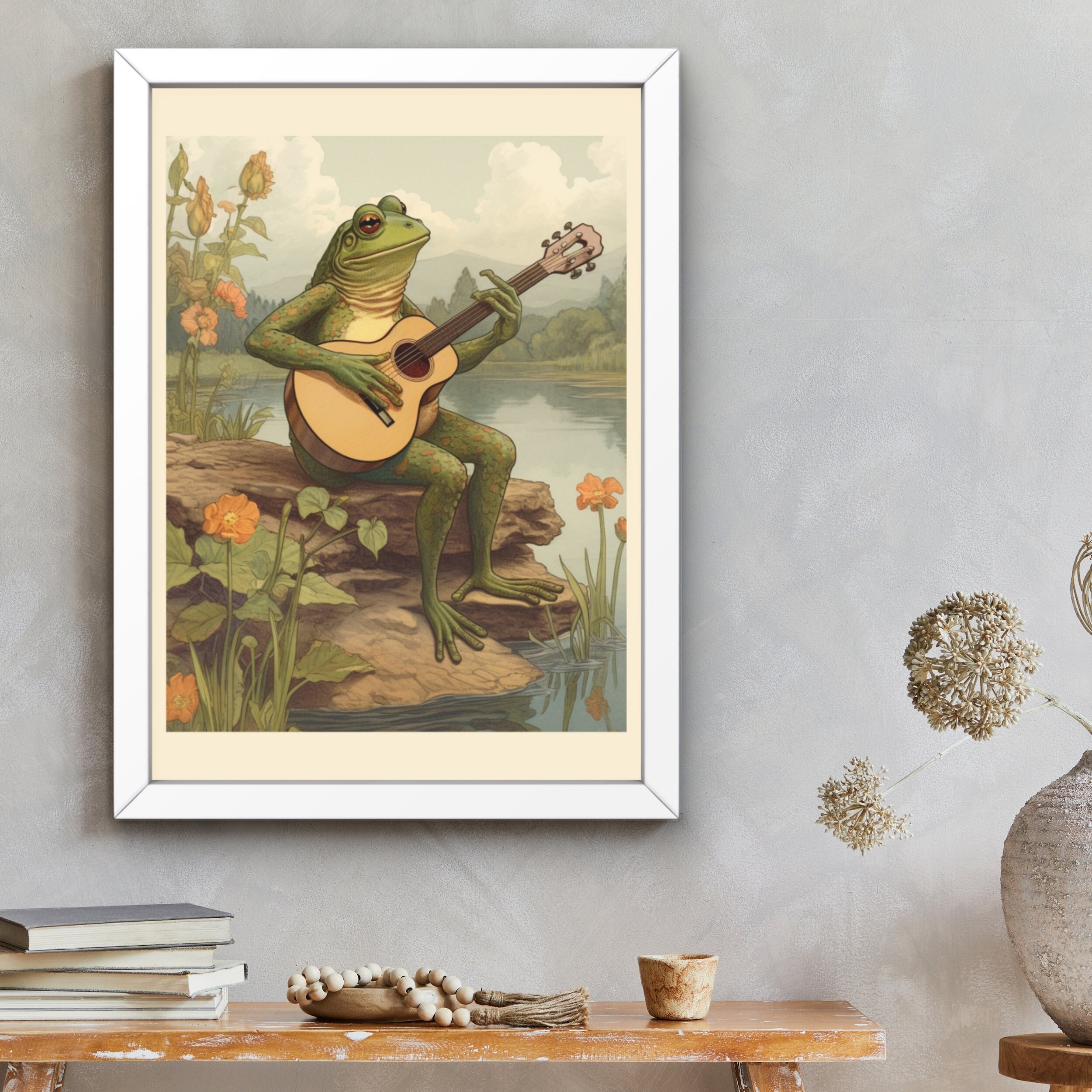 Vintage Whimsical Frog Poster Frog Playing Guitar Illustration Wall Art ...