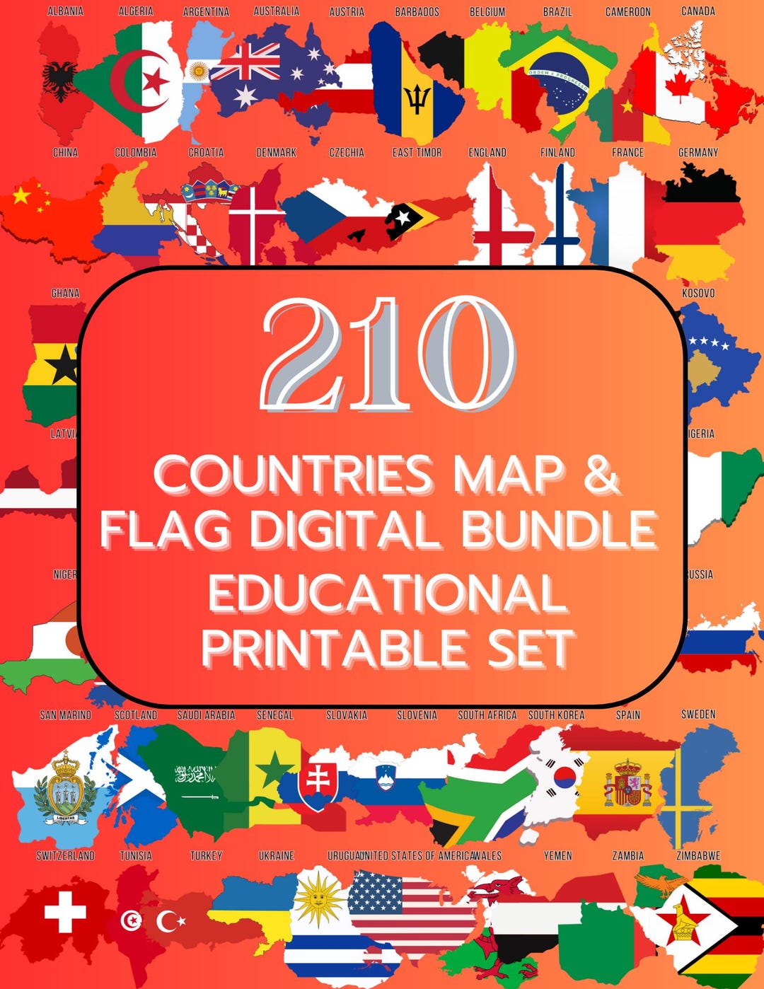 210 Countries Map, Flag Digital Bundle, Printable Set, Flags Stickers ...