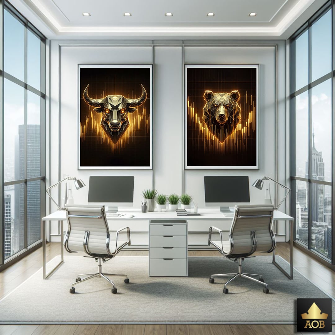 Bull & Bear Digital Wall Art, Golden 3D Abstract Design, Stock Exchange ...