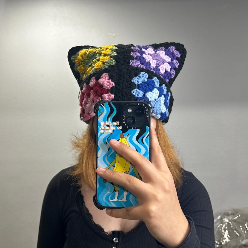 Custom Crochet Granny Square Cat Ear Beanie, Granny Square Cat Ear ...