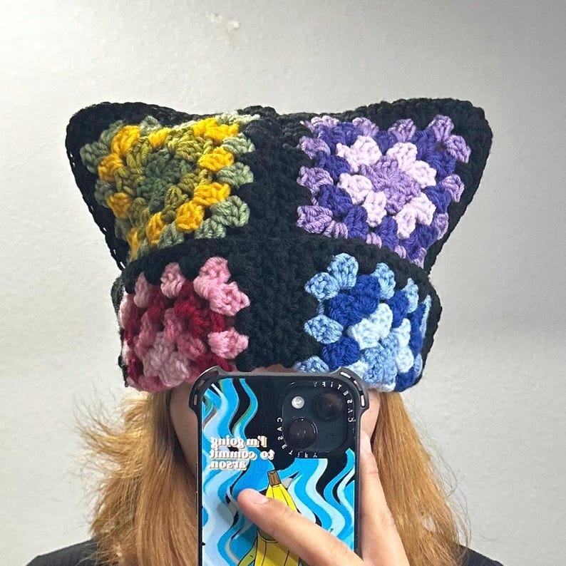 Custom Crochet Granny Square Cat Ear Beanie, Granny Square Cat Ear ...