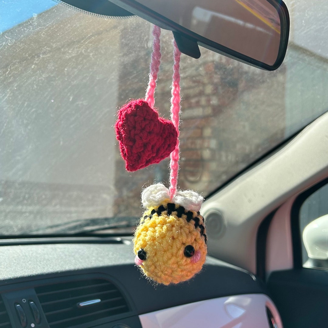 Hanging Car Charm , Crochet Heart , Crochet Bee , Rear View Mirror ...