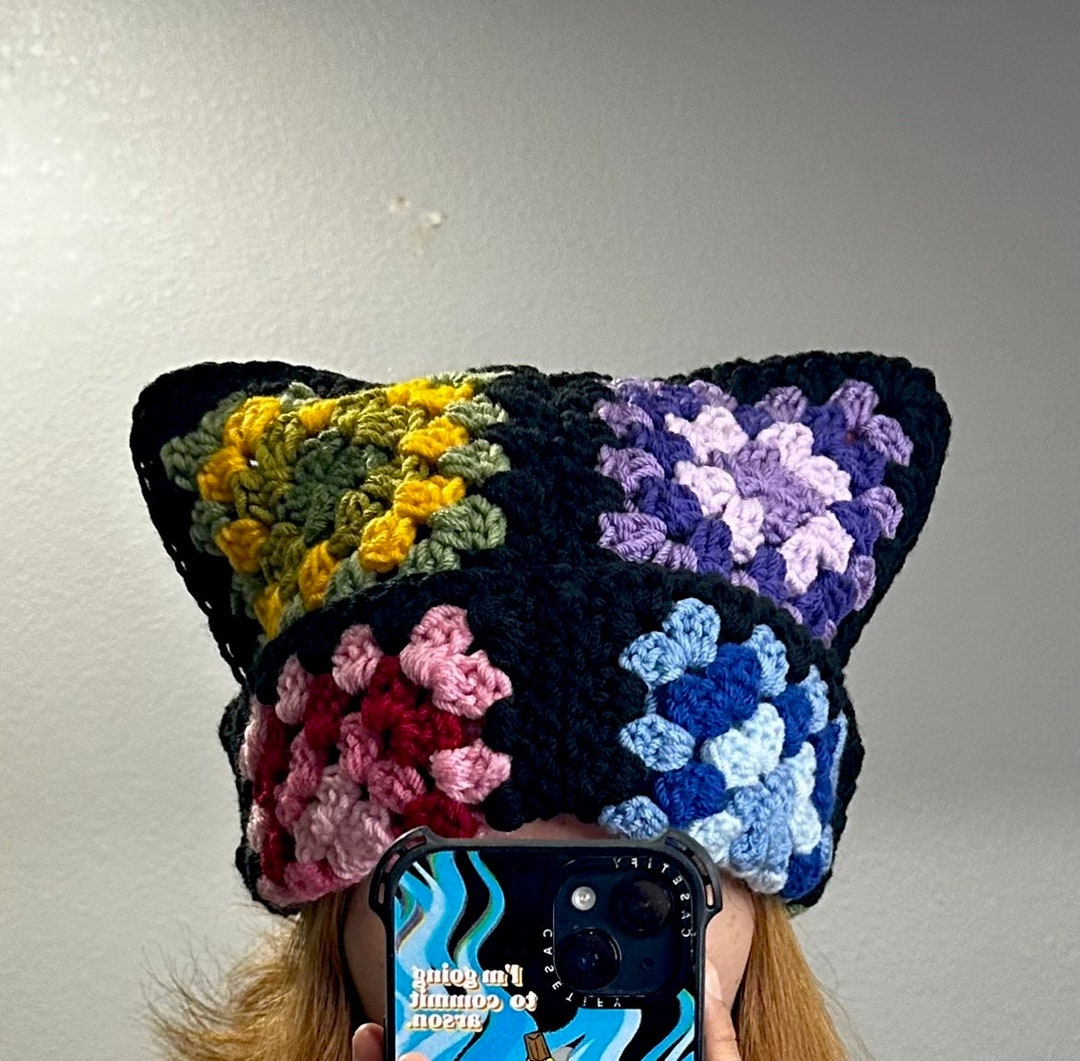 Custom Crochet Granny Square Cat Ear Beanie, Granny Square Cat Ear ...