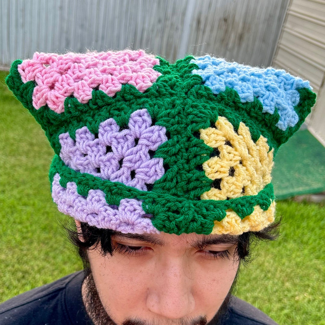 Custom Crochet Granny Square Cat Ear Beanie, Granny Square Cat Ear ...