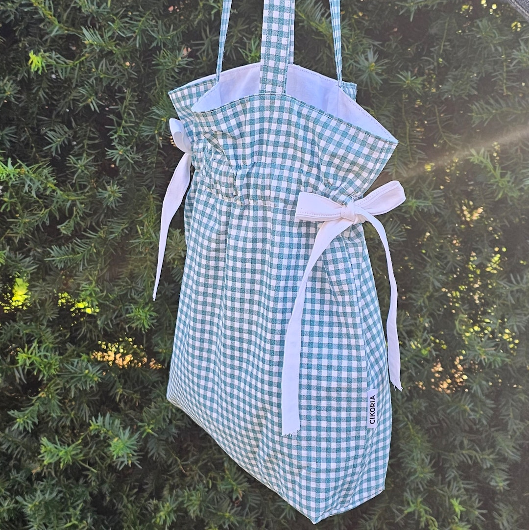 Drawstring Tote Bag With Bows, Cotton Tote Bag, Everyday Shoulder Bag ...