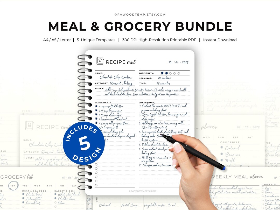 Printable Meal & Grocery Planner - Recipe Cards and Weekly Layouts - Etsy