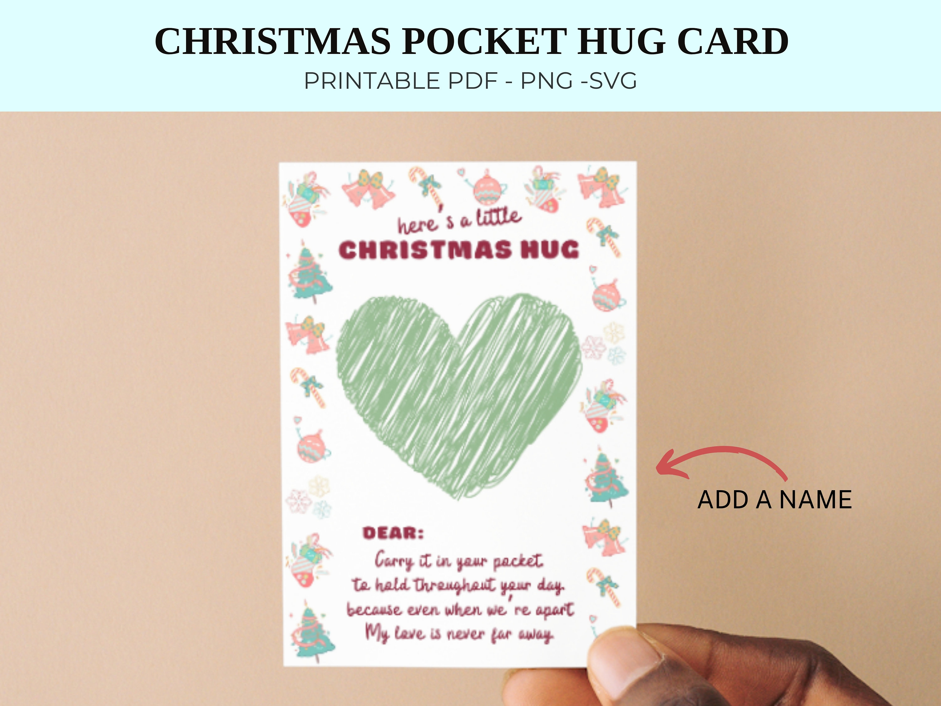 PRINTABLE Christmas Hug Card, Christmas Gift Basket,christmas Thank You ...