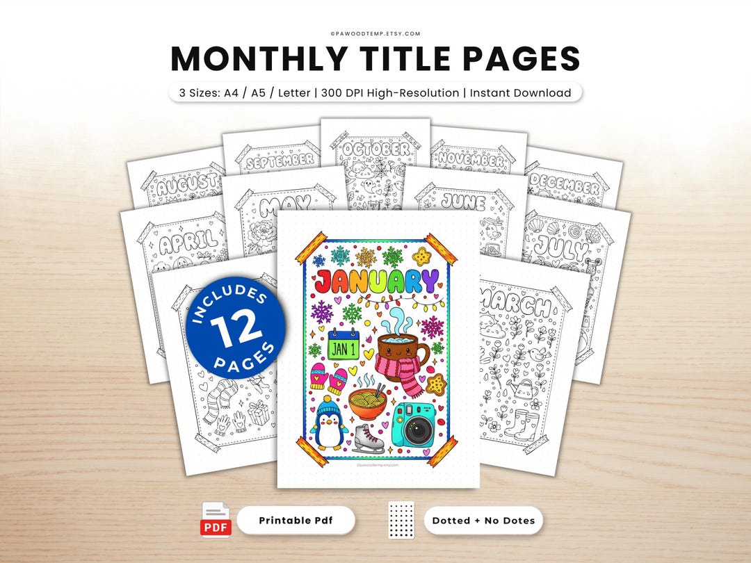 Printable 12 Month Cover Page Templates, Digital Bujo Title Page Set ...