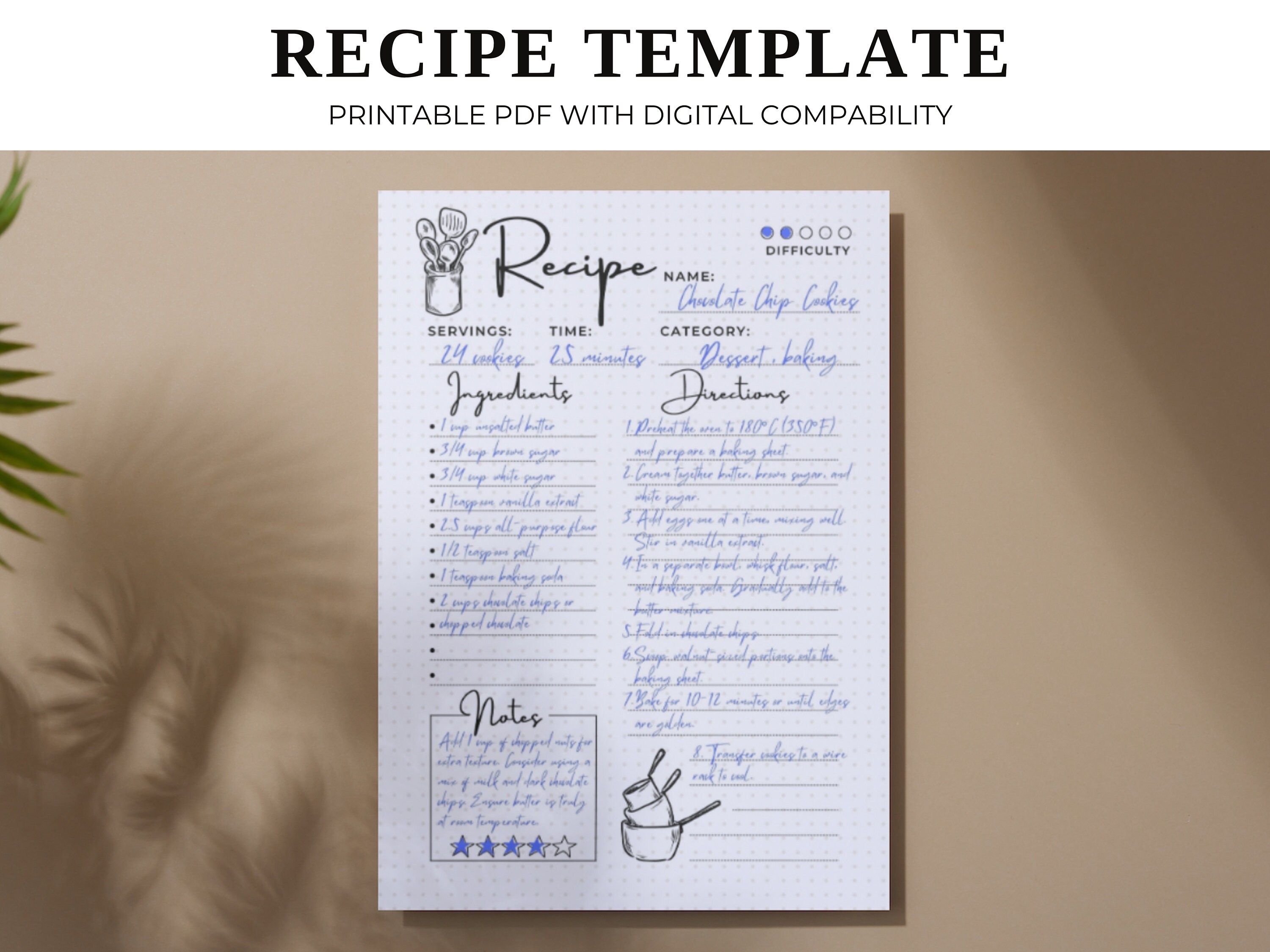 COOKBOOK & RECIPE Template Printable A5 Bullet Journal Page for Kitchen ...