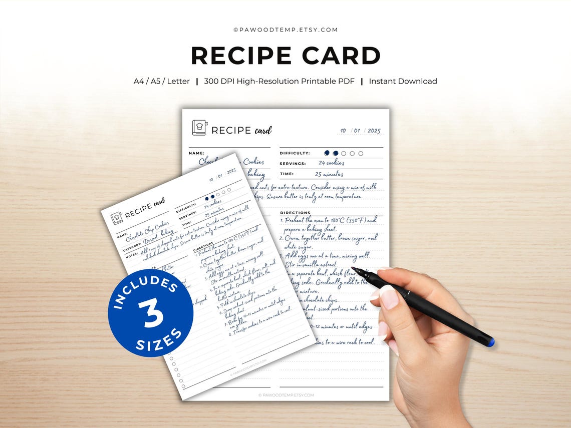 Printable Recipe Card & Meal Planner: Kitchen Journal Template (a4/a5 ...