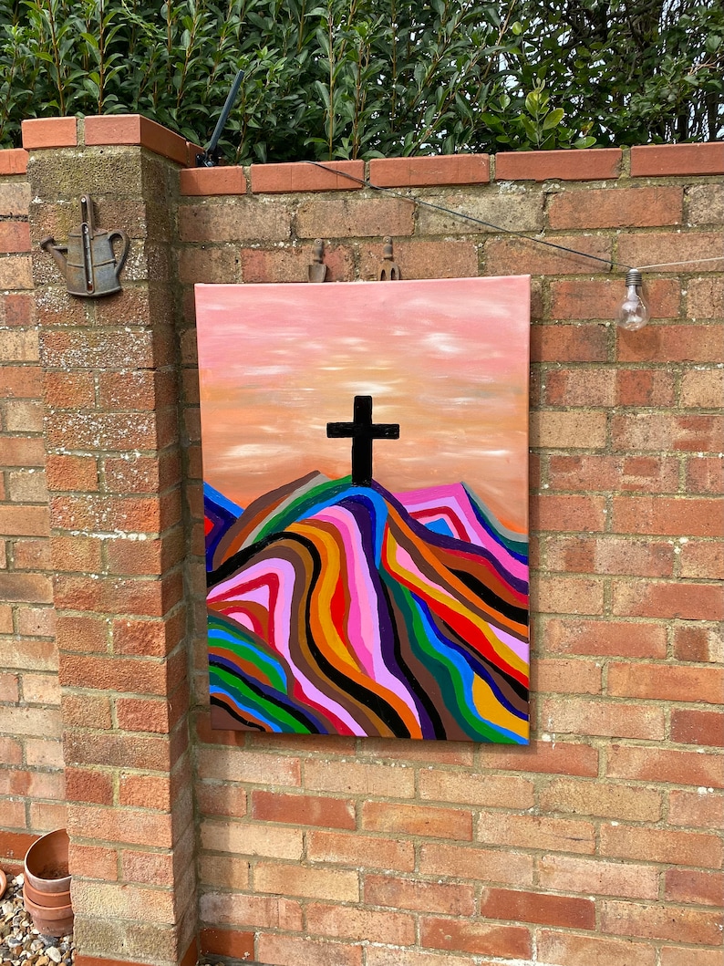 Colourful Christian Painting, Jesus Cross on Mountain - Etsy