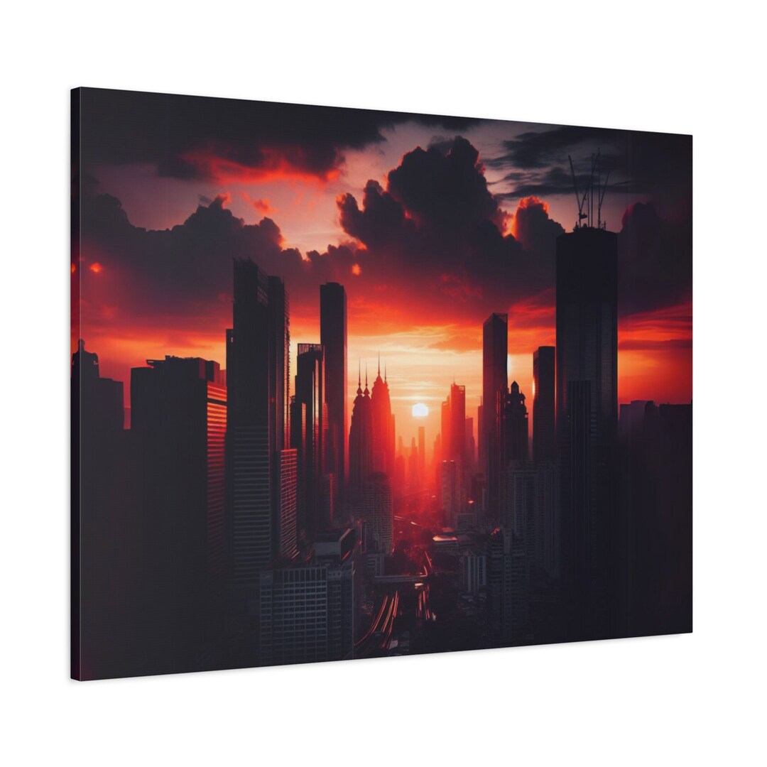 Sunset Cityscape Wall Art, Modern Urban Skyline Wall Decor, Sunset Over ...