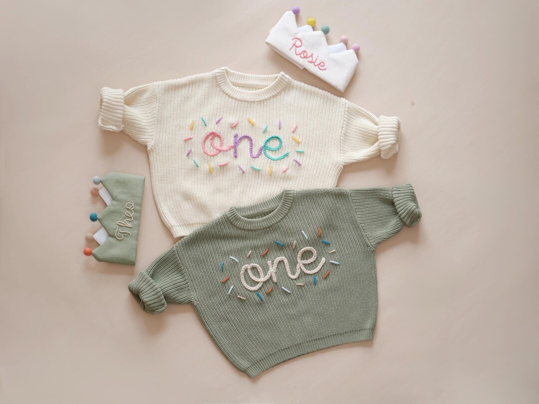 One & Sprinkle Hand Embroidered Sweater, Knit Sweater, Custom Name Baby ...