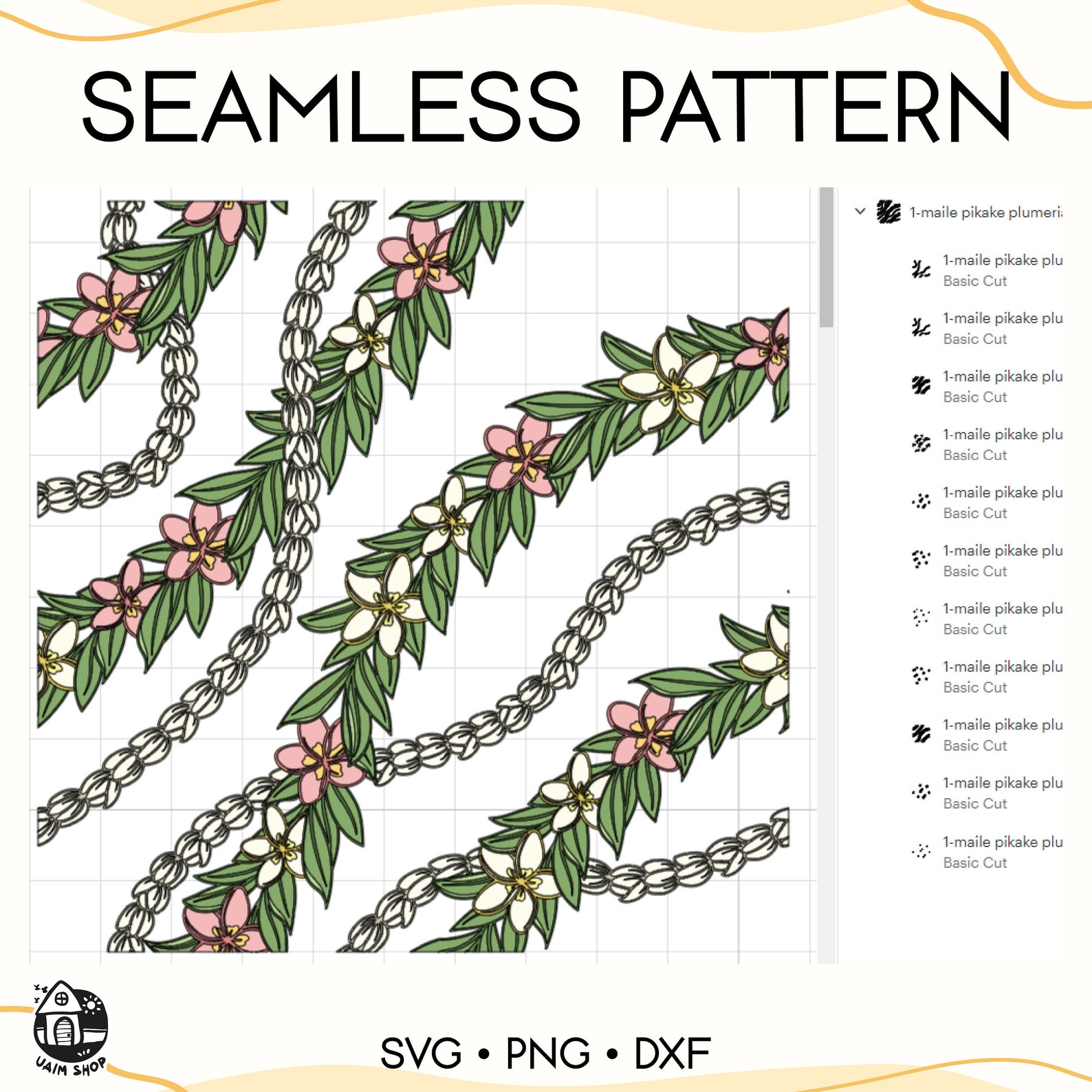 Seamless Pattern Plumeria Flower Maile & Pikake Lei Twist Flower Lei ...