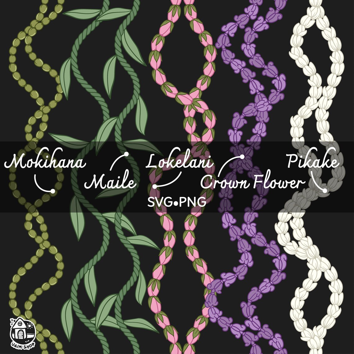 Seamless Pattern Mokihana Maile Lokelani Crown Flower Pikake Lei ...