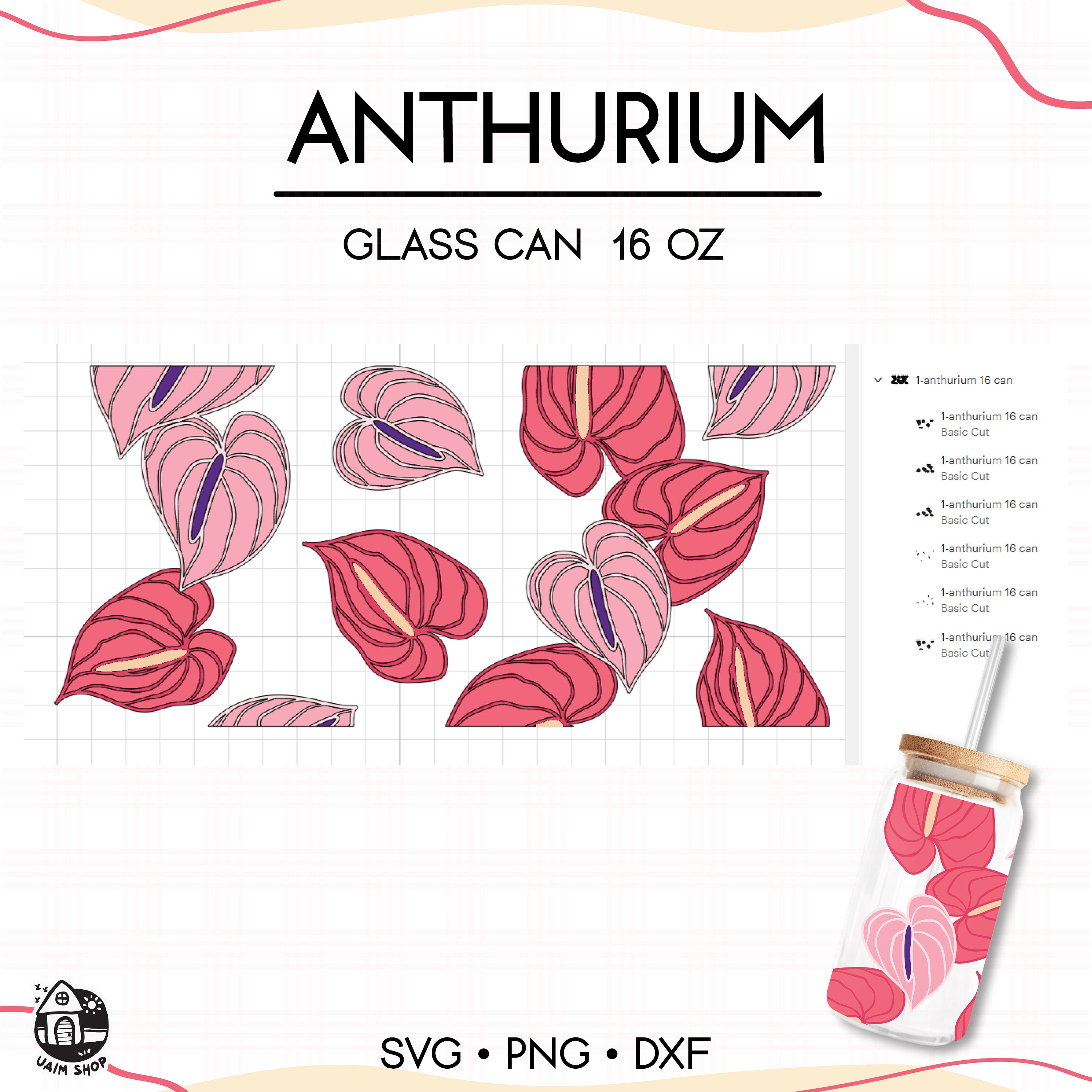 Glass Can 16 Oz Anthurium Flowers Svg Floral Lei Svg Svg for Cut File ...