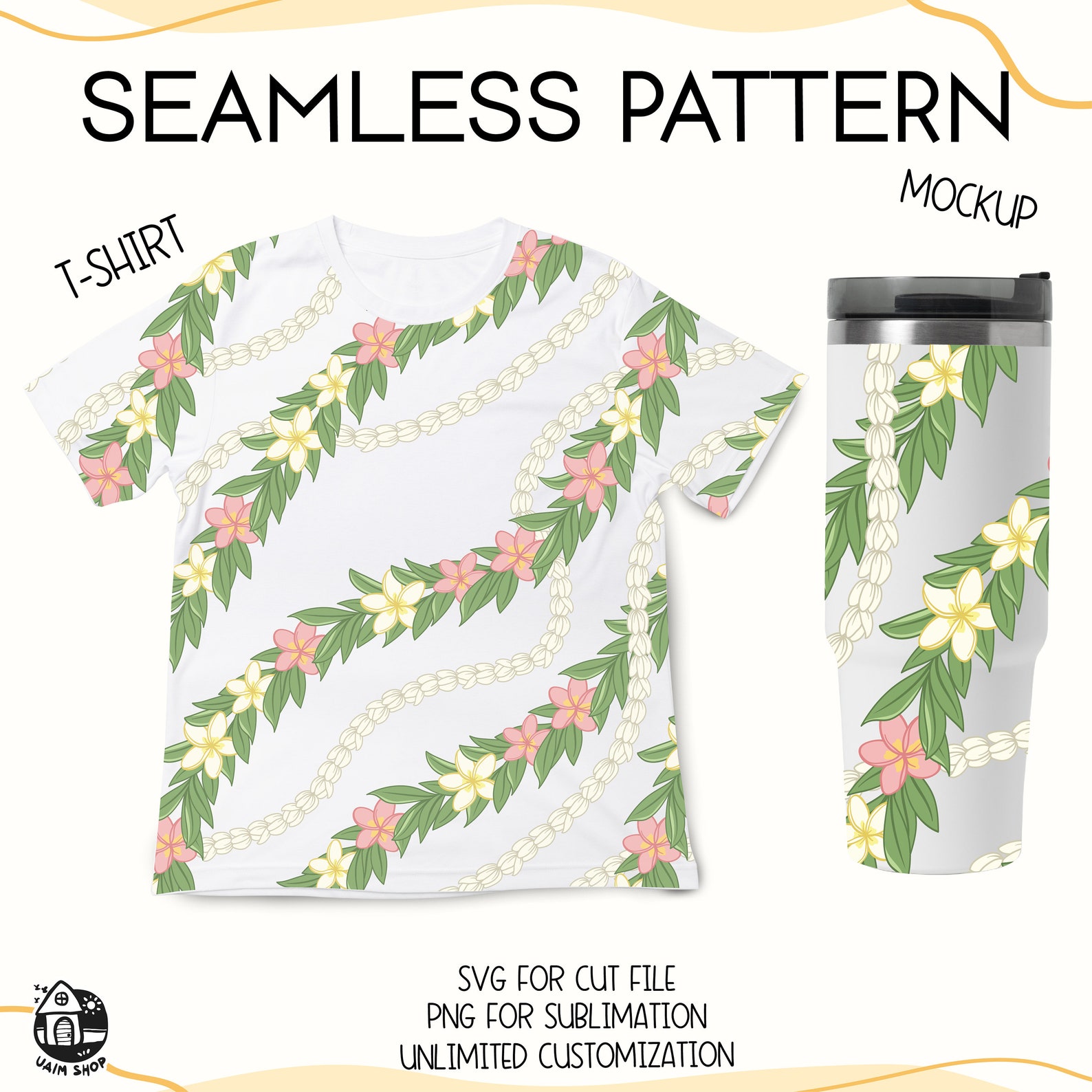 Seamless Pattern Plumeria Flower Maile & Pikake Lei Twist Flower Lei ...