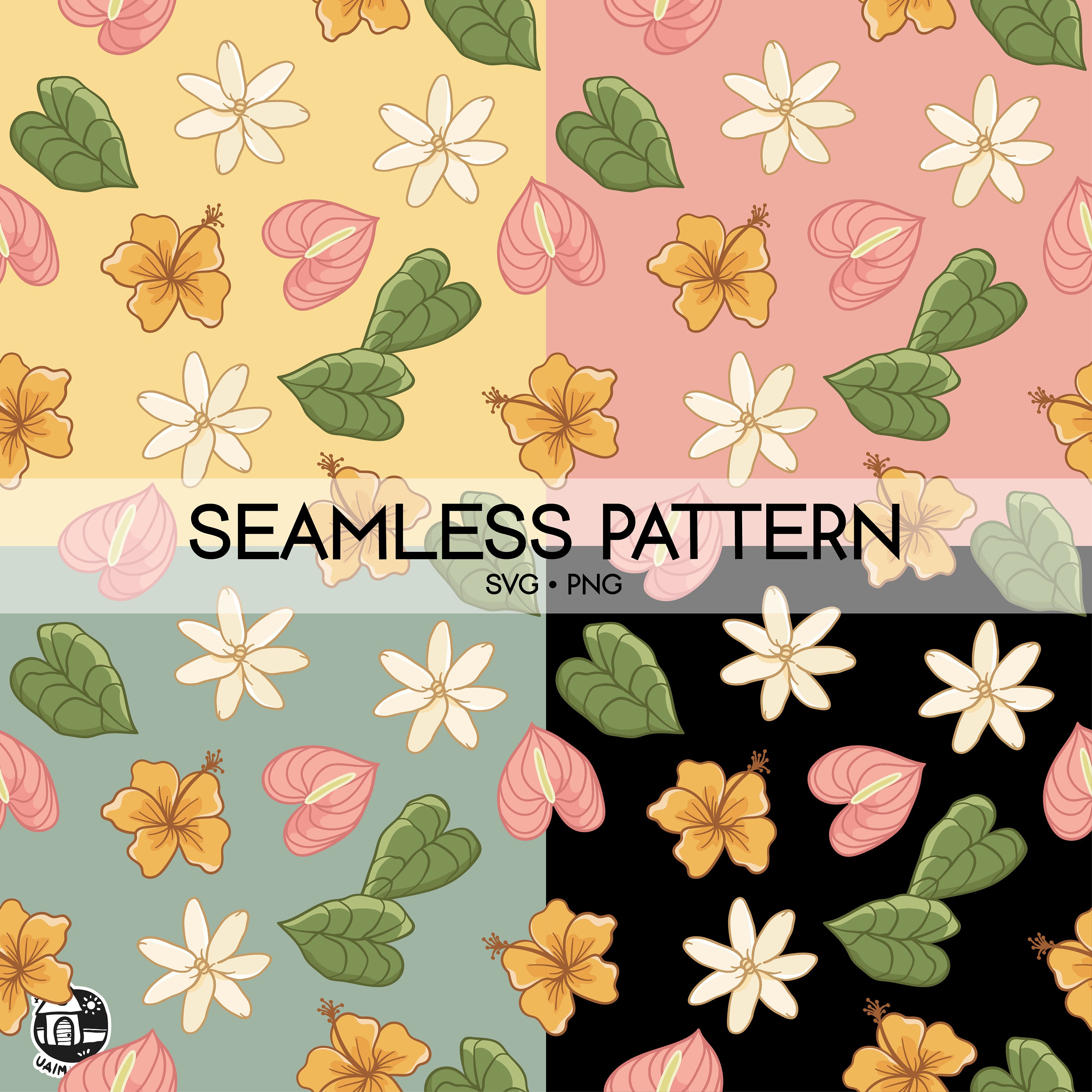Seamless Pattern Tiare Hibiscus Kalo Anthurium Flower | Floral for Lei ...