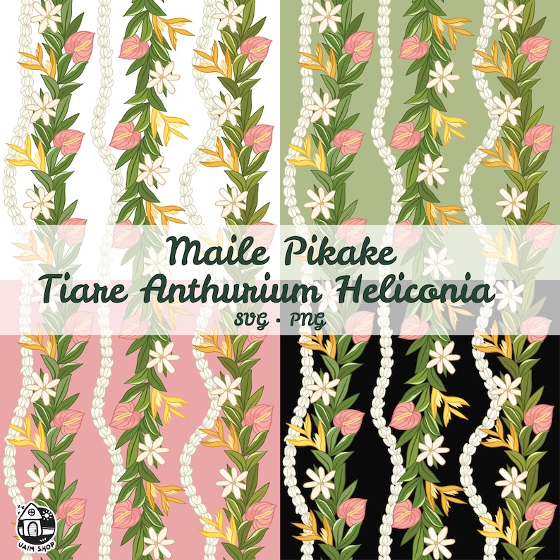 Seamless Pattern Maile & Pikake Lei | Tiare Anthurium Heliconia Flower ...