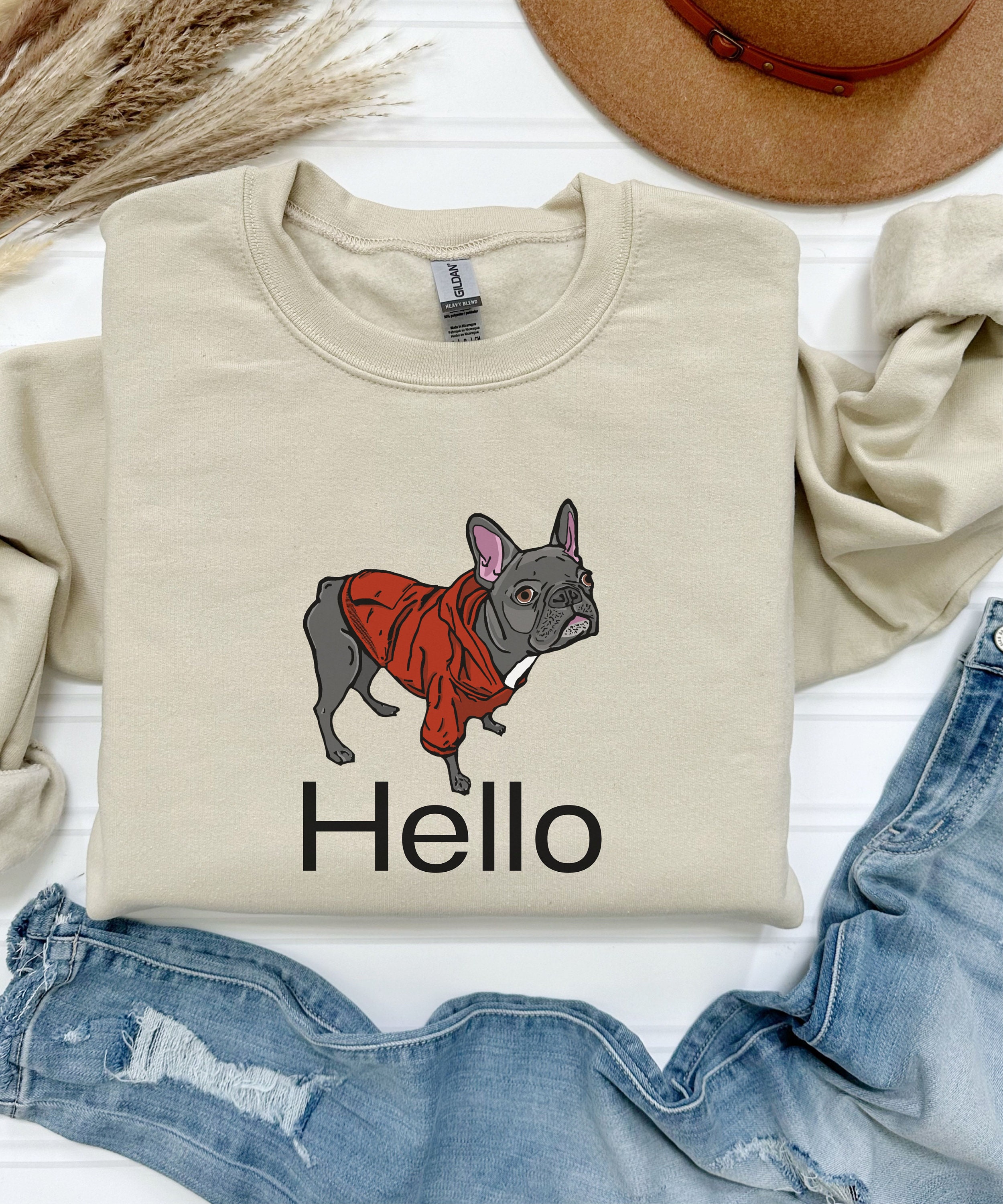 Hello French Bulldog Cartoon on Adult Sweatshirt, Frenchie, Dog Lover ...