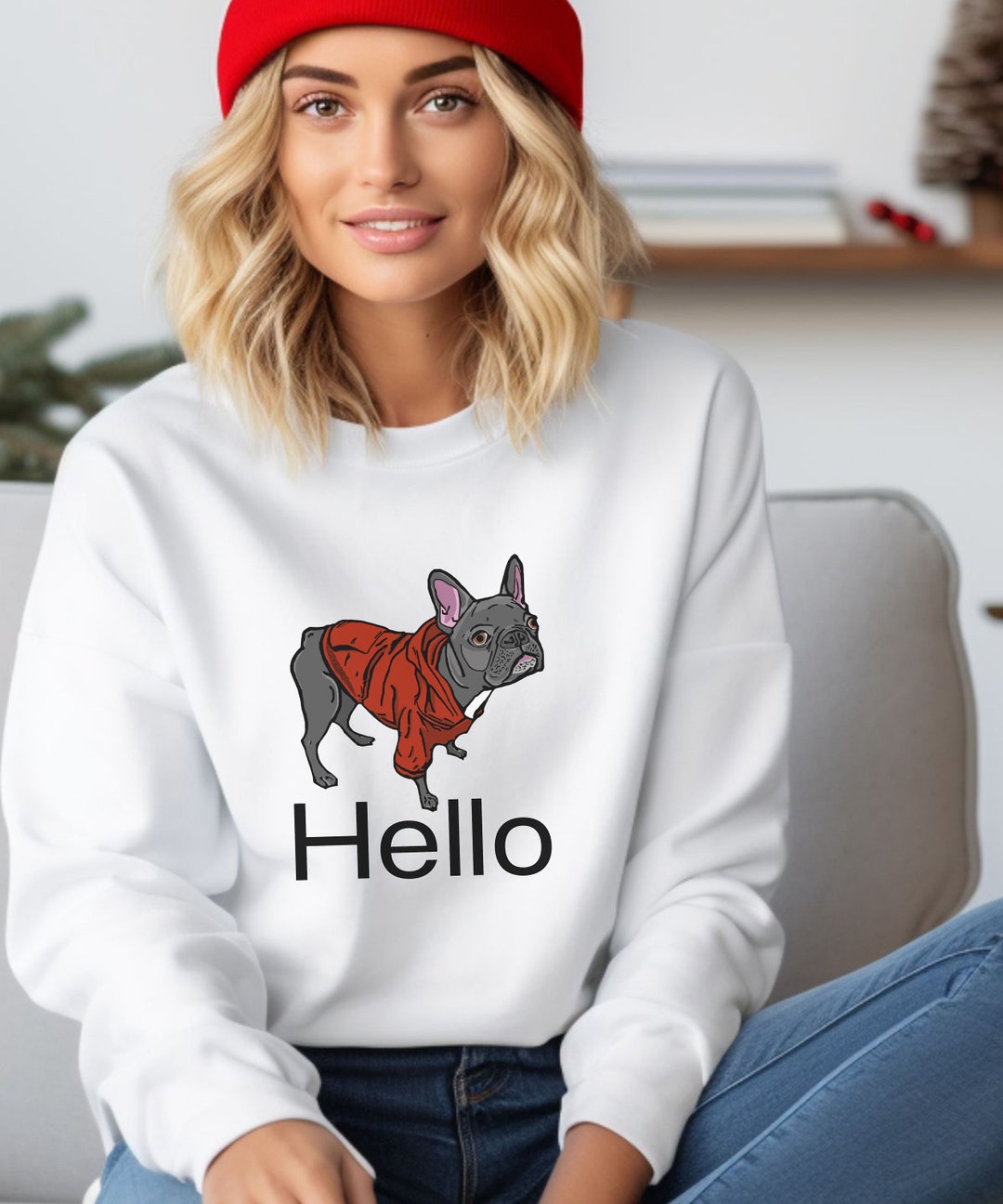 Hello French Bulldog Cartoon on Adult Sweatshirt, Frenchie, Dog Lover ...