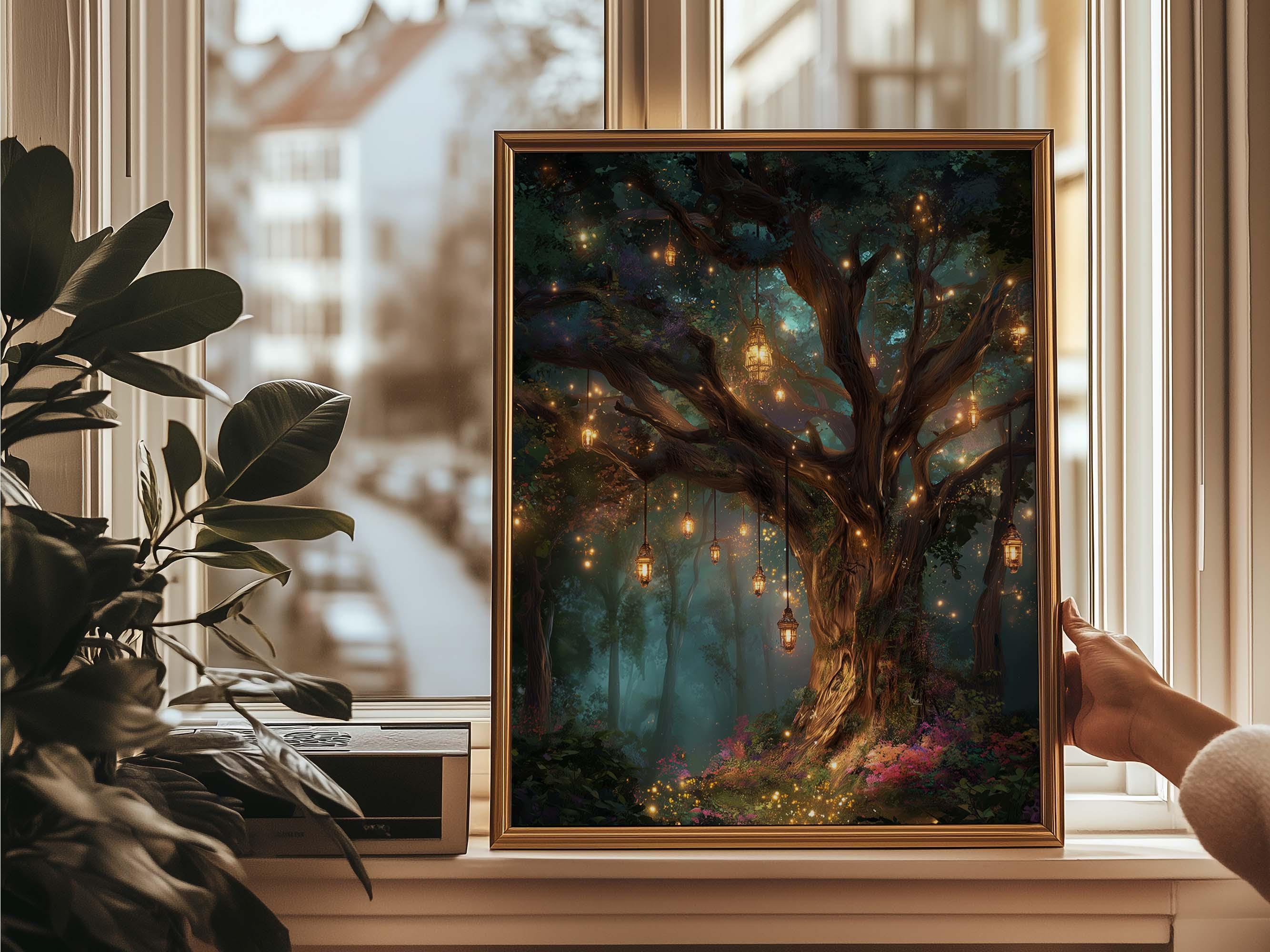 Lantern Tree in Enchanted Forest Wall Art Print: Mystical Fantasy ...