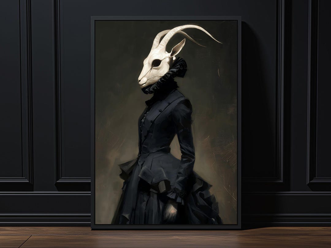Gothic Victorian Woman Ram Skull Mask Print: Moody Surreal Portrait - Etsy