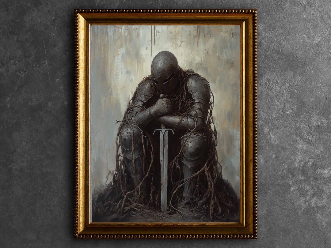 Medieval Fallen Knight Wall Art, Dark Fantasy Armor Print, Melancholic ...