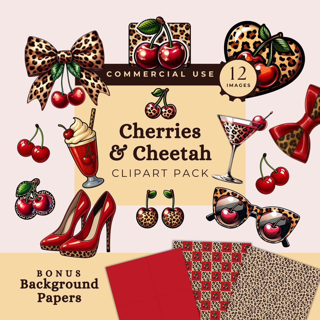 Retro Cherry Cheetah Clipart Bundle, Cheetah Print Cherry Clipart ...