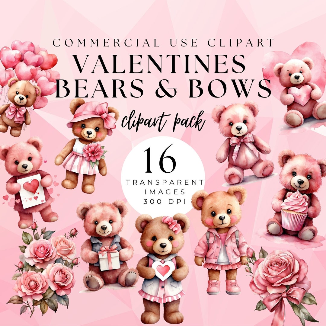 Pink Valentine Teddy Bear Clipart, Watercolor Bears & Hearts (digital ...